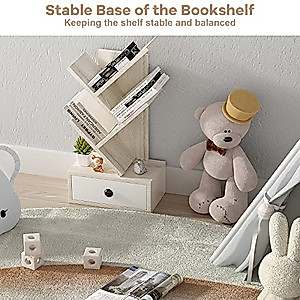 Tangkula 5 Tier Tree Bookshelf with Drawer, Rustic 5 Shelf Space Saving Corner Bookcase, Retro Wooden Utility Organizer Shelves for Books/CDs/Movies, Open Display Shelf for Home Office (Beige, 5 Tier)