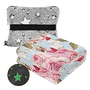 Joko Ivery Roses Birds Flowers Premium Soft Travel Blanket Pillow Airplane Blanket with Hand Luggage Belt & Backpack Clip Travel Pillow and Blanket 2 in 1 for Camping Office Home Train