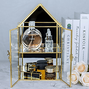 Wall Glass Cabinet Display for Perfume, Small Glass Display Curio Cabinets with Doors Wall Mounted, 2 Tiered Small Gold Curio Cabinet with Mirror Cosmetics Perfumes Storage for Bathroom