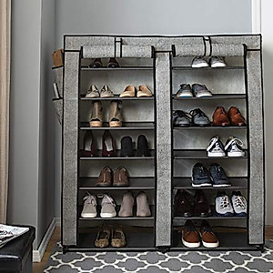 Simplify 7 Tier Double Wide 14 Shelf Shoe Storage Closet Organizer Rack with Cover and Side Pockets, Freestanding, Holds 42 Pairs, Good for Sneakers, Flats, Heels & Boots, Black