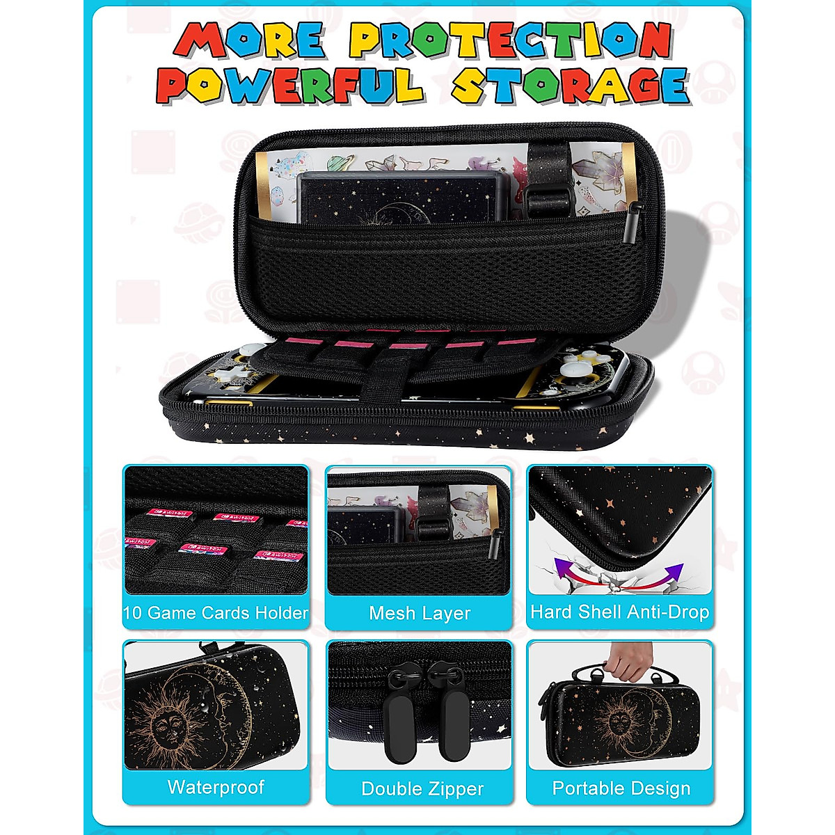 Gurgitat 7in1 Sun Moon Witchy Switch Lite Case for Nintendo Switch Lite Carrying Cases Girly Protective Cover Dockable Skin+Thumb Grips+Game Holder+Shoulder Strap+Sticker for Switch Lite Travel Case