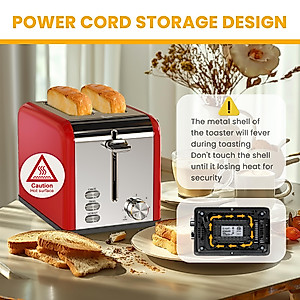 Simple Deluxe 2-Slice Toaster, Stainless Steel Toaster, 6 Browning Setting and 3 Function, Extra Wide Slot & Removable Crumb Tray, for Bread & Waffle, Red