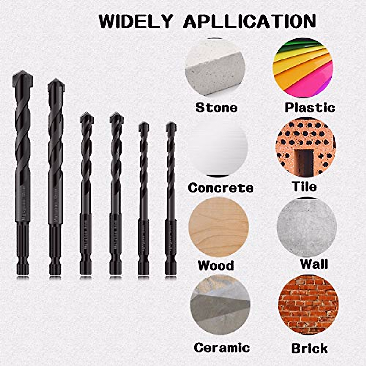 【 New 】6pcs Black Masonry Drill Bits Set, Mgtgbao Ceramic Tile Drill Bits Carbide Tip for Glass, Brick, Tile, Concrete, Plastic and Wood with size 6mm(1/4”), 8mm (5/16”), 10mm (3/8”), 12mm (1/2”).