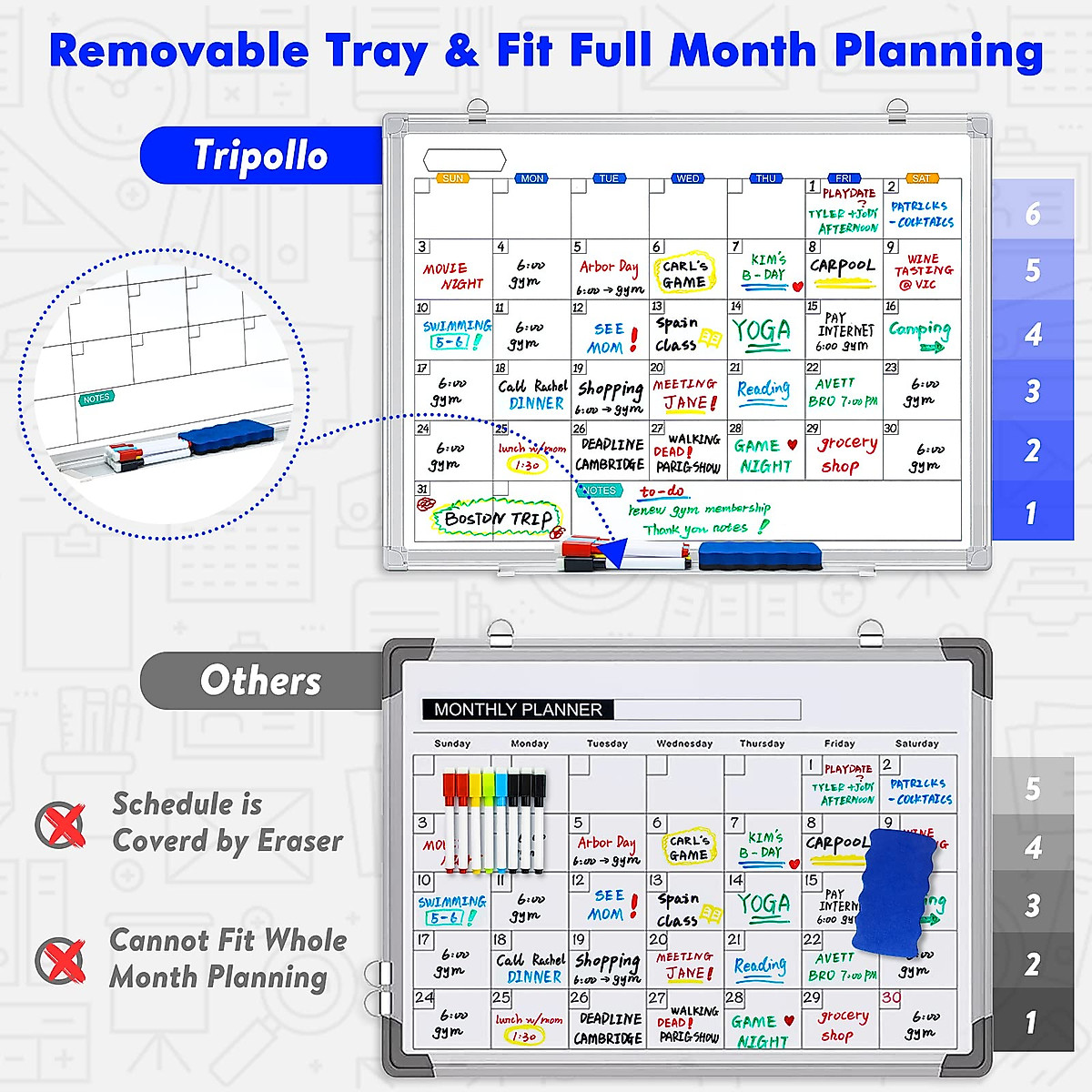 Dry Erase Calendar Whiteboard for Wall, 36" x 24" Magnetic Monthly WhiteBoard Calendar Dry Erase, Wall Hanging Aluminum Frame Calendar Board with Tray for Home, School, Office (Silver Frame)