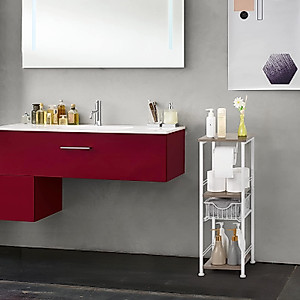 Toilet Paper Storage Cabinet Freestanding Bathroom Storage Organizer 3 Tier Narrow Bathroom Paper Towel Storage Cabinet with Drawer for Small Space Laundry Room Entryway, Light Oak