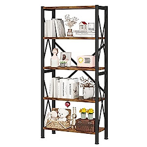 Homeiju 5-Tier Bookshelf, Wood Bookcase, Book Shelf with Steel Frame, Storage Rack with Open Shelves, Rustic Standing Bookshelves, Ladder Shelf for Bedroom, Living Room and Home Office