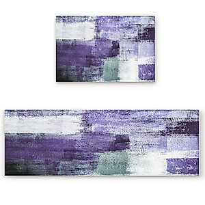2 Pieces Kitchen Rugs and Mats Abstract Color Blocks Area Runner Rug Set Non Slip Floor Doormat Washable Carpet Standing Mat for Kitchen Sink Indoor Corridor Modern Geometric Purple Gradient Art