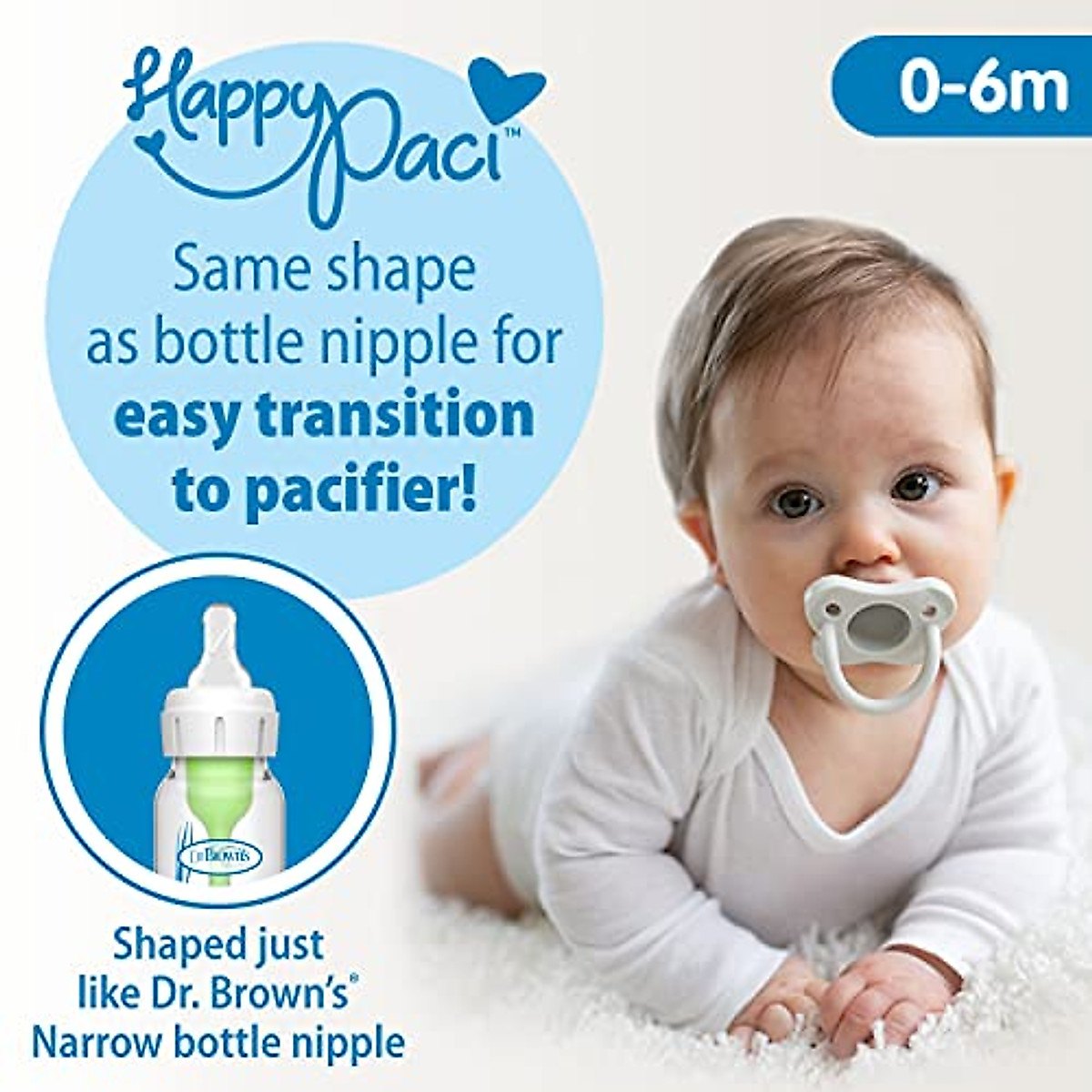 Dr. Brown's Natural Flow® Anti-Colic Options+™ Narrow Glass Baby Bottle Starter Set with Silicone Sleeves,Brush and Soft 100% Silicone HappyPaci™ Pacifier for Newborns