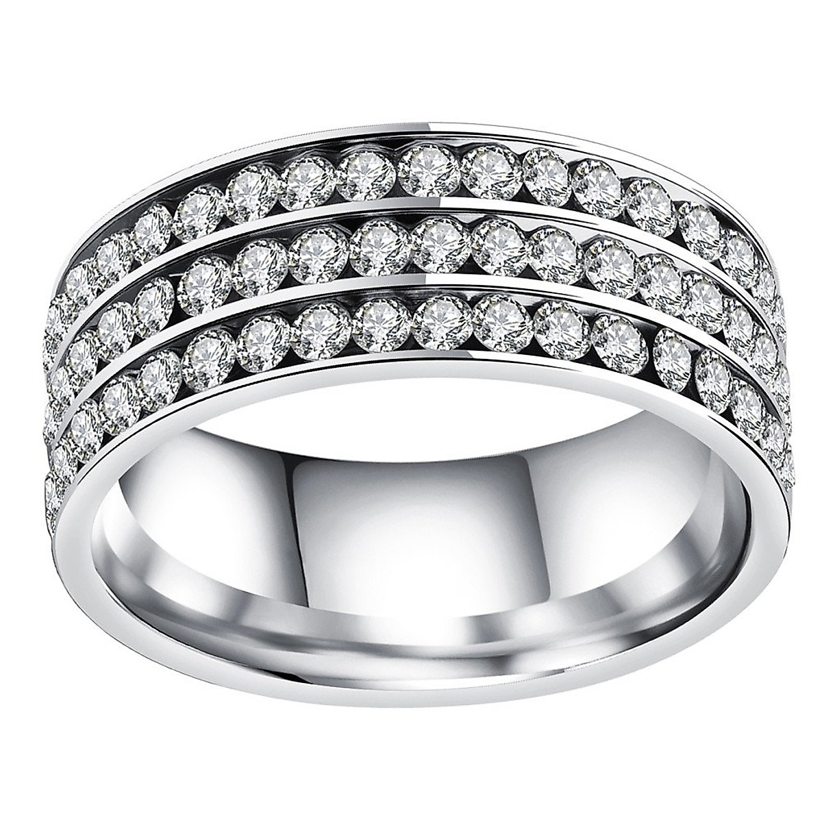 PAURO Women's Stainless Steel 3 Rows Cubic Zirconia Round Cut CZ Ring Promise Wedding Band Silver Size 7