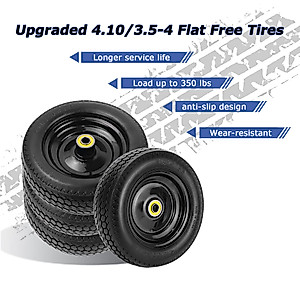 Upgraded 10" Flat Free Wheels Compatible with Garden Cart, 4.10/3.50-4" Replacement Solid Tires with 5/8″ Bearings, Solid Rubber Wheels for Garden Carts/Hand Truck-4PCS