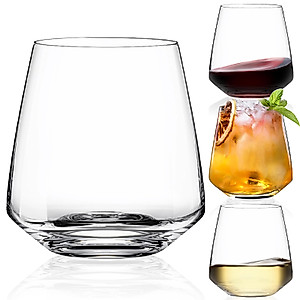 Stemless Wine Glasses Set of 4-15 oz Clear-Modern Hand-Blown Wine Glasses, European Design Crystal Glass For Red & White Wine, Unique Gifts for Wedding, Birthday，Christmas