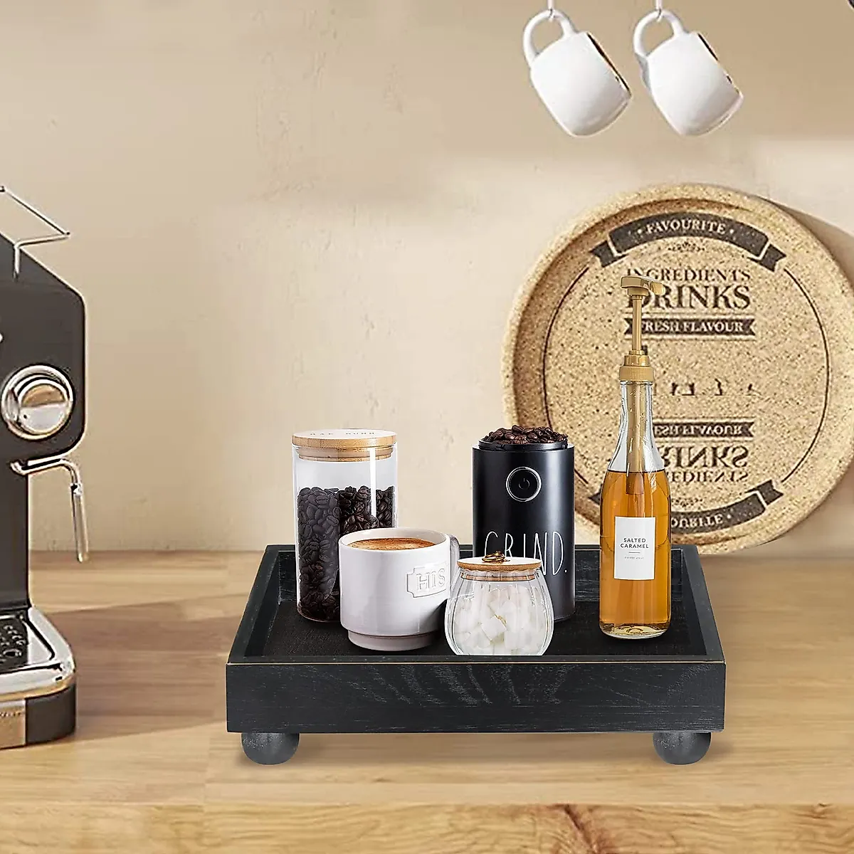 OLLVIA Farmhouse Wood Tray Risers, Distressed Black, Round, 24-Inch