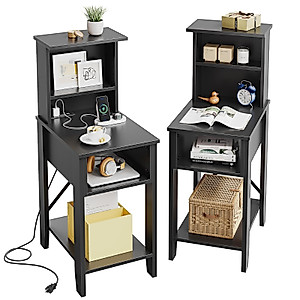 Bestier Tall Bedroom End Tables Set of 2 Two Nightstands Set of 2 Two Nightstands Bedside Tables with USB Tall Nightstand with Charging Station Tall Narrow Nightstand with Cabinet Side Table Black