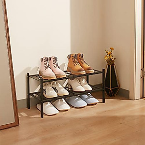 quiqear Bamboo Shoe Rack, 2 Tier Shoe Rack Organizer, Stackable & Durable Shoe Shelf Holder, Free Standing Shoe Racks, Shoe Storage Organizer for Entryway, Closet, Hallway (Black)