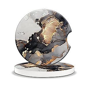 Car Coasters Pack of 2,Absorbent Ceramic Car Coasters,Drink Cup Holder Coastersfor Women Men,with A Finger Notch for Easy Removal Black Gold Marble