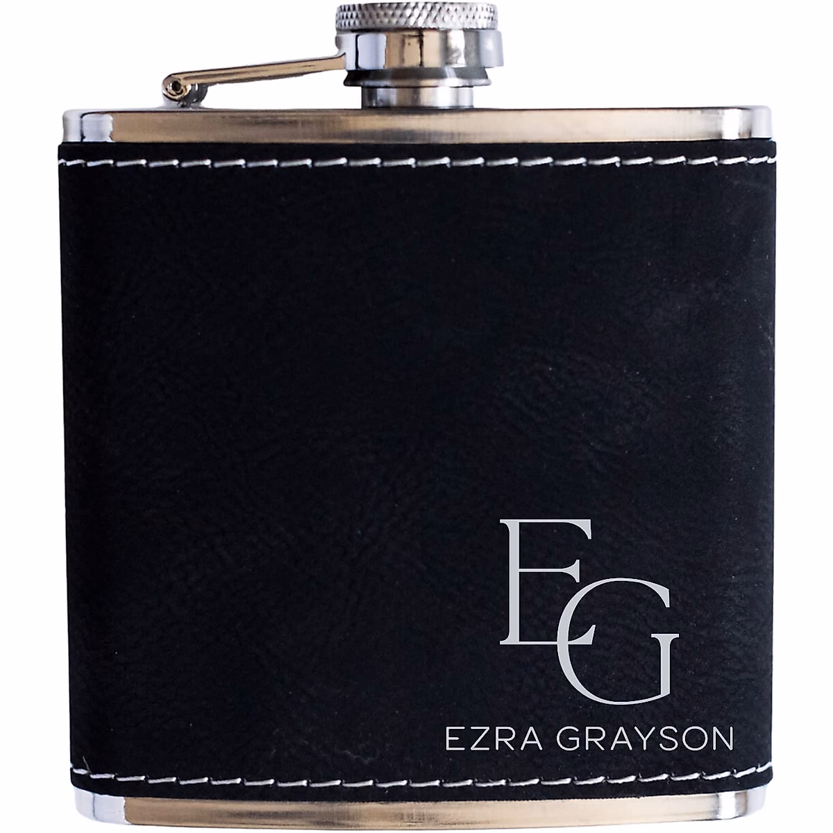 Personalized Flask For Wedding Gift. Customized Flask Gift Set. Engraved Leatherette Flask With Optional Gift Box For Groomsmen Gifts. Engraved Flask (Black & Silver)