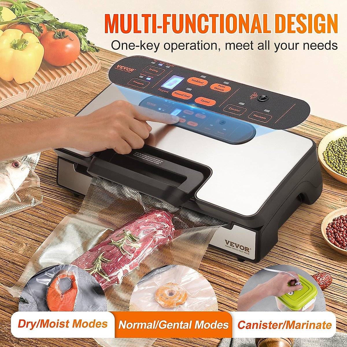 VEVOR Vacuum Sealer Machine, Food Sealer Machine，Dry and Moist Food Storage, Automatic and Manual Air Sealing System with Built-in Cutter, with Seal Bag， External Hose 90Kpa 130W Powerful Dual Pump