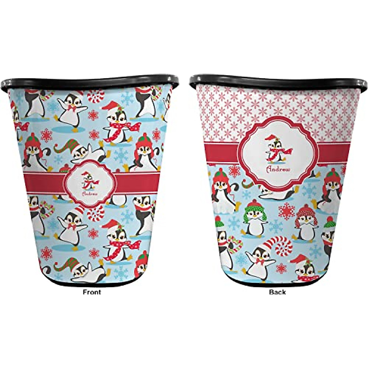 RNK Shops Christmas Penguins Waste Basket - Double Sided (Black) (Personalized)