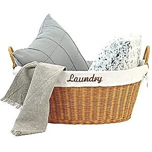 Rattan Laundry Basket with Handles and White Cotton Removable Lining, Natural
