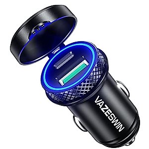 USB C Car Charger, VAZESWIN 60W 5A Mini Metal Super Fast Car Charger Adapter, QC3.0&PD Type C Dual Port Fast Charge USB Car Phone Charger with Blue LED Aperture and Protective Cover