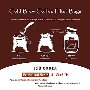 No Mess Cold Brew Coffee Filters - 150 Count Single Use Filter Bags Disposable Fine Mesh Brewing Bags for Concentrate, Iced Coffee Maker, French/Cold Press Kit, Hot Tea in Mason Jar or Pitcher 4"x 6"