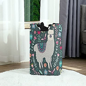 Kigai Cute Floral Llama Laundry Basket Large Collapsible Waterproof Laundry Hamper with Handles Portable Storage Basket Dirty Clothes Toys Organizer for College Dorms, Nursery, Bathroom