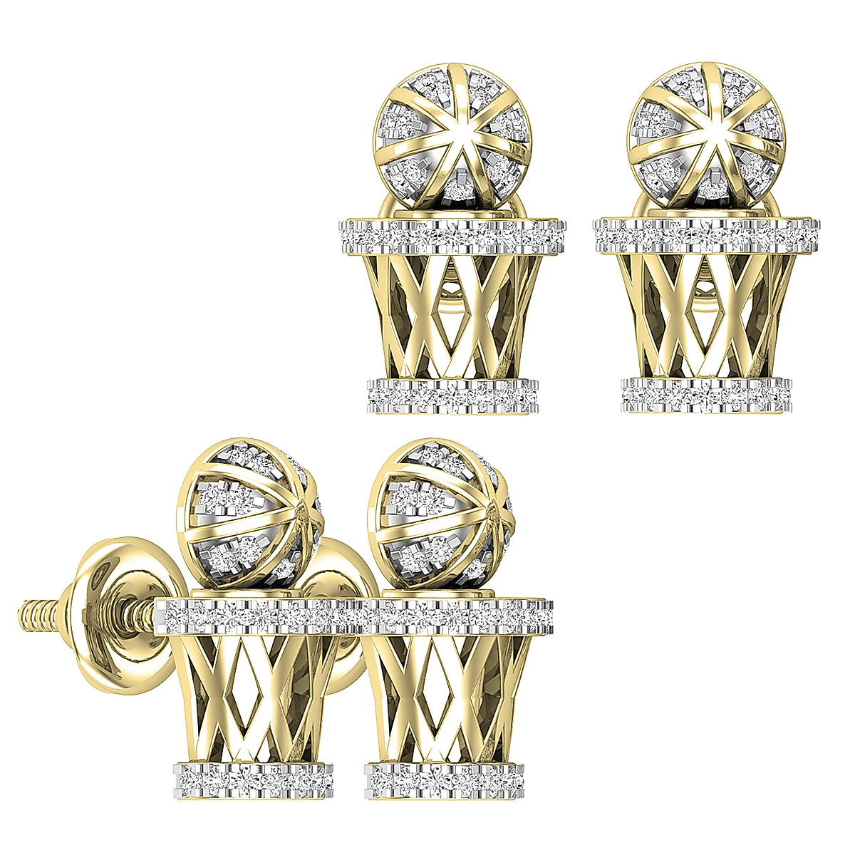 Dazzlingrock Collection 0.17 Carat (ctw) Round White Diamond Basket Ball Hoop Shape Hip-Hop Fashion Stud Earrings for Her | 10K Yellow Gold