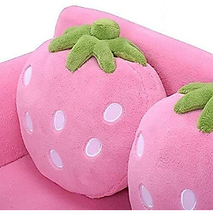 Fireflowery Kids Sofa, Children Upholstered Loveseat Lounge Bed w/ 2 Cute Strawberry Pillows, Children Couch Armrest, Double Seat Kid Sofa for Playroom Bedroom Living Room Baby Room, Pink