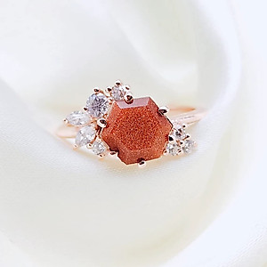 Hexagon Cut Unique Sandstone Ring Hexagon Cut Cluster Promise Ring Rose Gold Plated Ring Goldstone Ring Beautiful Wedding Gift Ring BY FOREVER GEMS & JEWELS