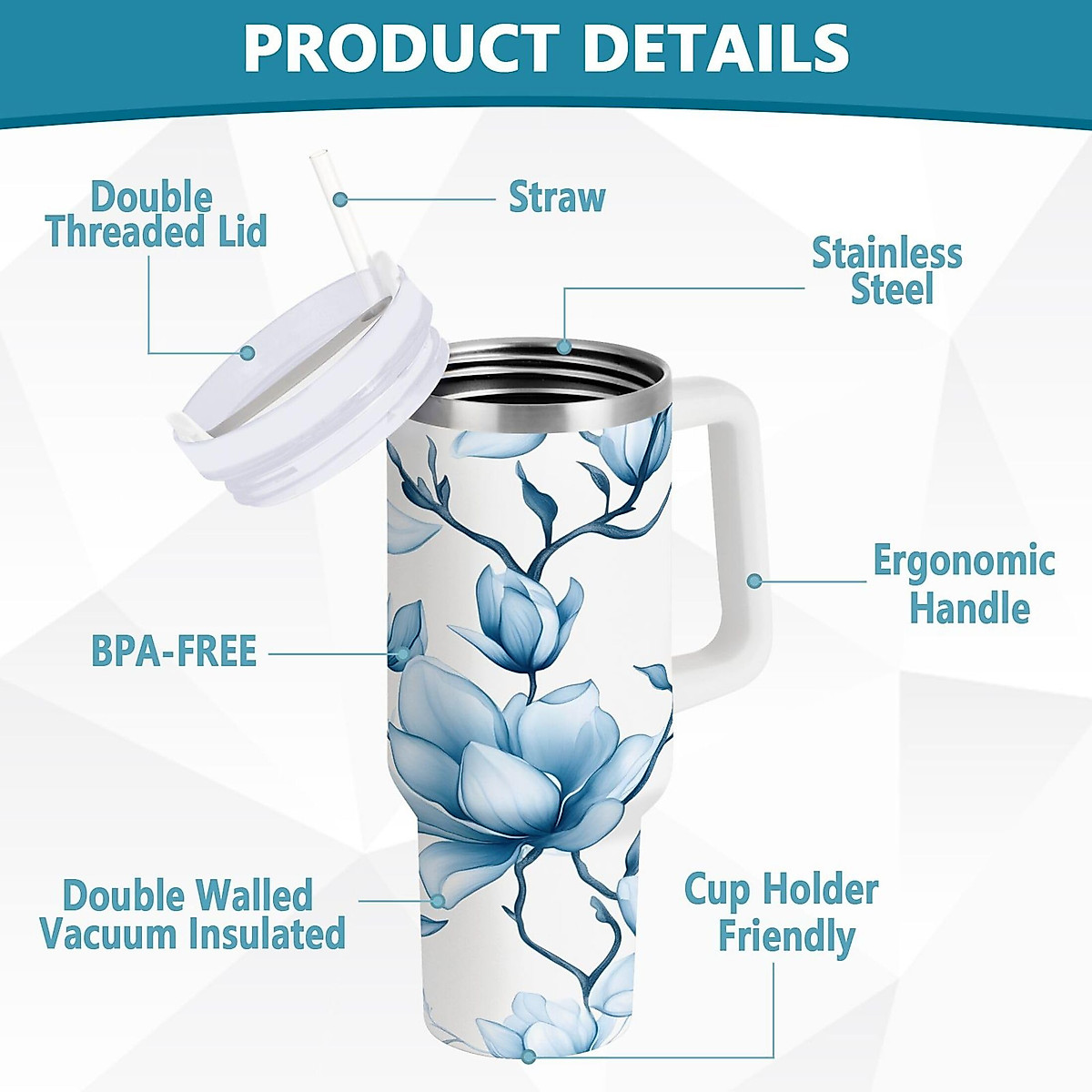 xigua 40 oz Blue Magnolia Flowers Tumbler with Handle and Straw Lid, Stainless Steel Vacuum Insulated Sports Water Bottle, Keeps Cold or Hot Coffee Cup Travel Mug