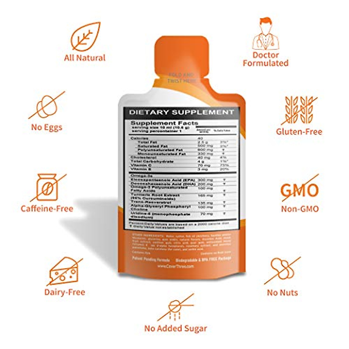 Kids Nutritional Brain Supplement- Boost Child Memory, Focus, Calmness- Support Brain, Immune, Vision, Heart Health- Omega Fish Oil DHA, Vitamin C, Turmeric, Resveratrol- Liquid Squeeze Pouch (1 Box)