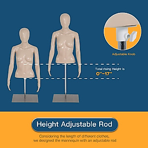 Female/Male Mannequin,39-56/42-59 Inch Height Adjustable Torso Dress Form Sewing Manikin Dress Model Mannequin Stand Mannequin Display Head Dress Mannequin Clothing Form Metal Base Stand (39-56Inch)