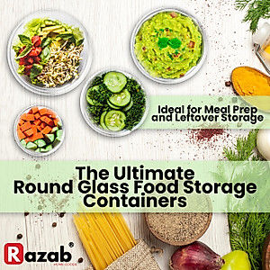 Razab 12 Pc Glass Food Storage Container Set with Lids 7, 4, 2 &1 Cup Round Meal Prep, Secure Lid Containers for Lunch & Leftover Ideal for Baking, Storing BPA Free Leak Proof Oven & Dishwasher Safe