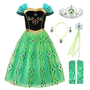 JerrisApparel Girls Princess Costume Snow Party Halloween Cosplay Fancy Dress (7, Green with Accessories)
