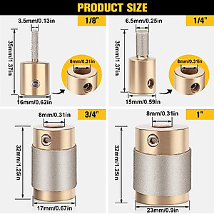 1 3/4 1/4 1/8 Inch Stained Glass Diamond Grinder Bit Head Tools 4 Sizes Brass Core Stained Glass Grinder Bits & Diamond Grinder Bit Head Tools, Stain Glass Tools and Supplies for Stained Glass