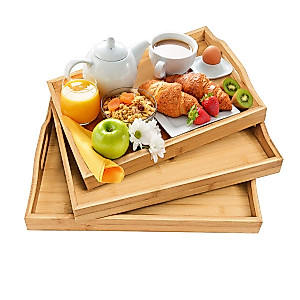 Farmhouse Serving Tray with Handles, Large Rectangular Snack Food Tray, Bamboo Serving Platter for Breakfast, Tea Coffee Table, Nesting Ottoman Bed Tray, Decorative Party Supplies, Set of 3 (Natural)