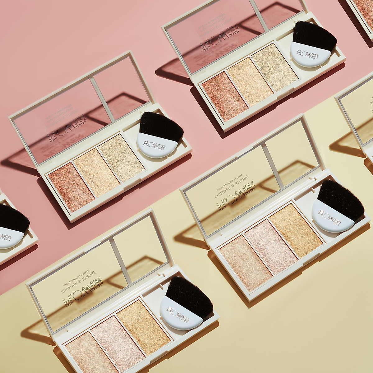 FLOWER Beauty By Drew Barrymore Shimmer + Strobe Highlighting Palette - Glowing Bronzer Powder Kit For Face + Blendable Coverage - Skintones + 3 Enhancing Colors (Strobe Brush) Included - Champagne Shimmer