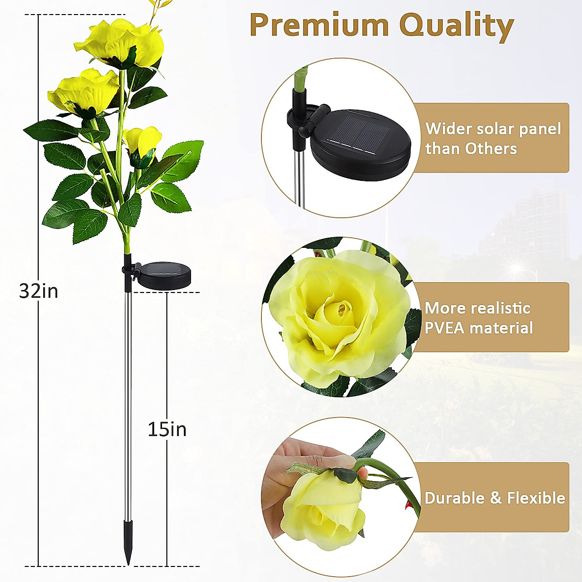 JJGoo 2 Pack Solar Garden Lights, Waterproof Rose Flowers Stake for Outdoor Patio Decorative - Yellow