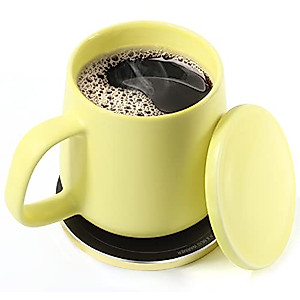 APEKX Auto On/Off Gravity-Induction Coffee Mug with Temperature Control 113°F/45°C Cup Warmer Self-Heating Coaster with Wireless Charging Function Gifts for Home Office (Mug Included) Yellow