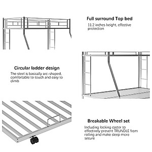 Merax Twin Over Full Bunk Bed with Trundle, 3 in 1 Triple Bunk Beds, Sturdy Steel Bunk Beds Frame for 3 Kids/Teens with Two Side Ladders and Safety Guard Rail,Silver Color