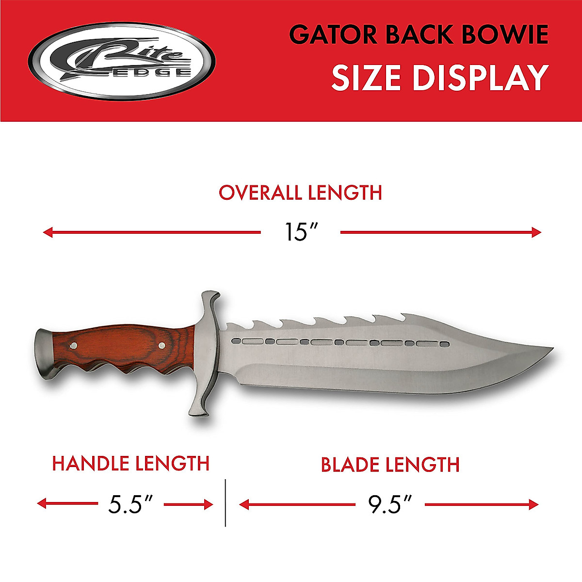 SZCO Supplies 15" Gator Back Bowie Knife Stainless Steel Wood Handle with Sheath, Brown (211398)