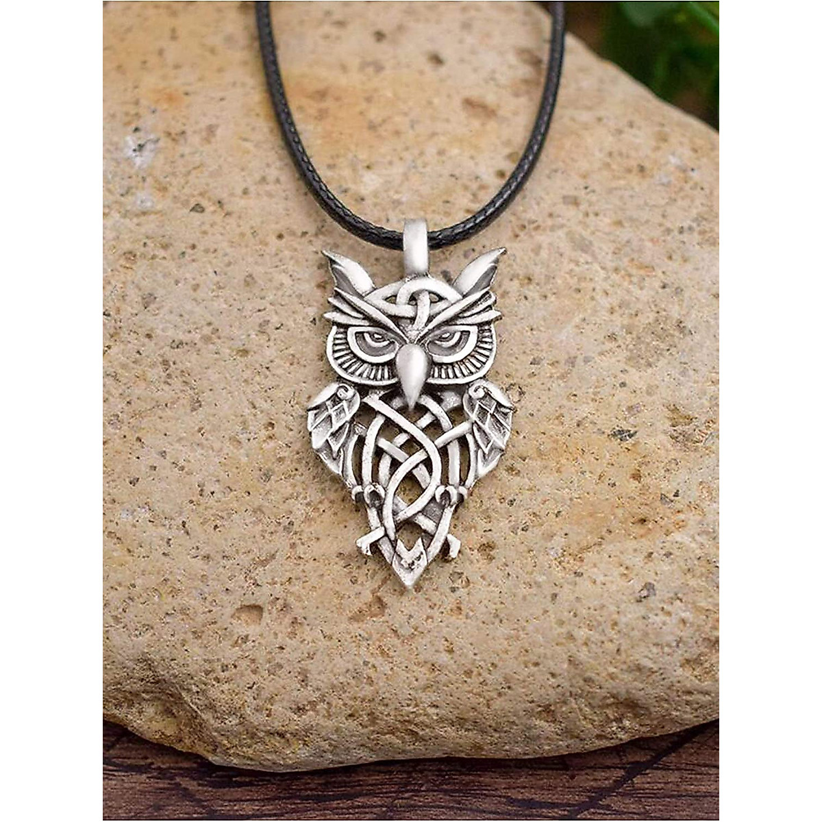 HAQUIL Owl Necklace, Celtic Owl Pendant, Faux Leather Cord, Owl Jewelry Gift for Men and Women (AD)