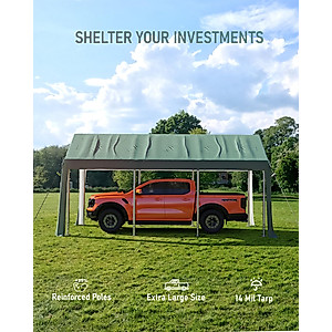 DEXSO Carport 13'x20' Heavy Duty Portable Garage, 1.0 mm Steel Poles & 180 g PE Waterproof Canopy, for Pickup Truck, and Boat, Green