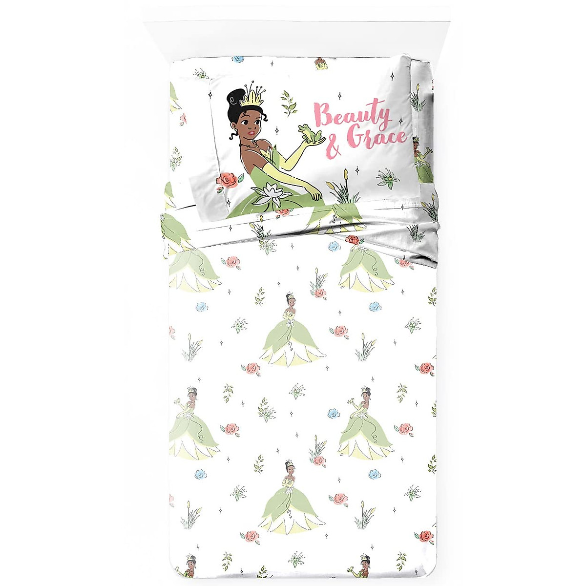 Jay Franco Disney The Princess and The Frog Beauty & Grace Twin Size Sheet Set - 3 Piece Set Super Soft and Cozy Kid’s Bedding Featuring Tiana - Fade Resistant Microfiber Sheets