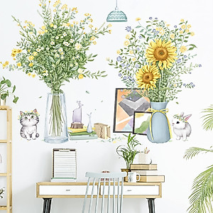 Sunflower Vase Plants Wall Sticker Cute Cat Rabbit Decor, Removable Daisy Flower Green Leaf Wallpaper Decals, AUHOKY Garden Potted DIY Art Mural for Living Room Bedroom Kitchen Nursery Home Decoration