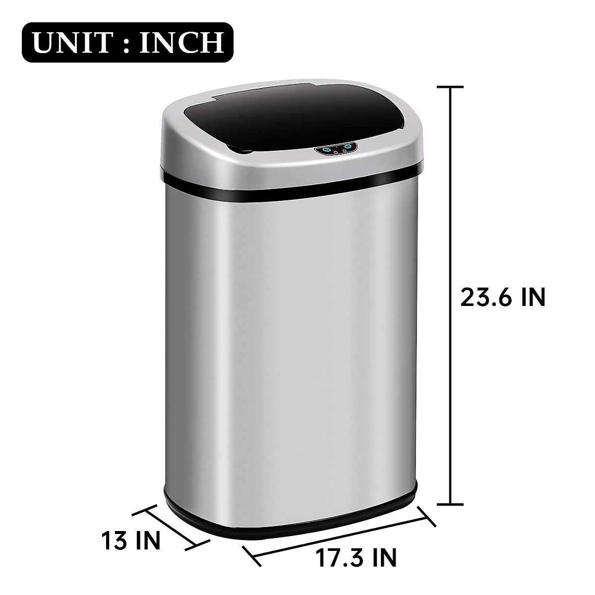 GINMAON Trash Can 13 Gallon Automatic Stainless Steel Garbage Can with Lid, Large Capacity Brushed Trash Bin Motion Sensor Metal Rubbish Can for Kitchen Office Bedroom, Silver