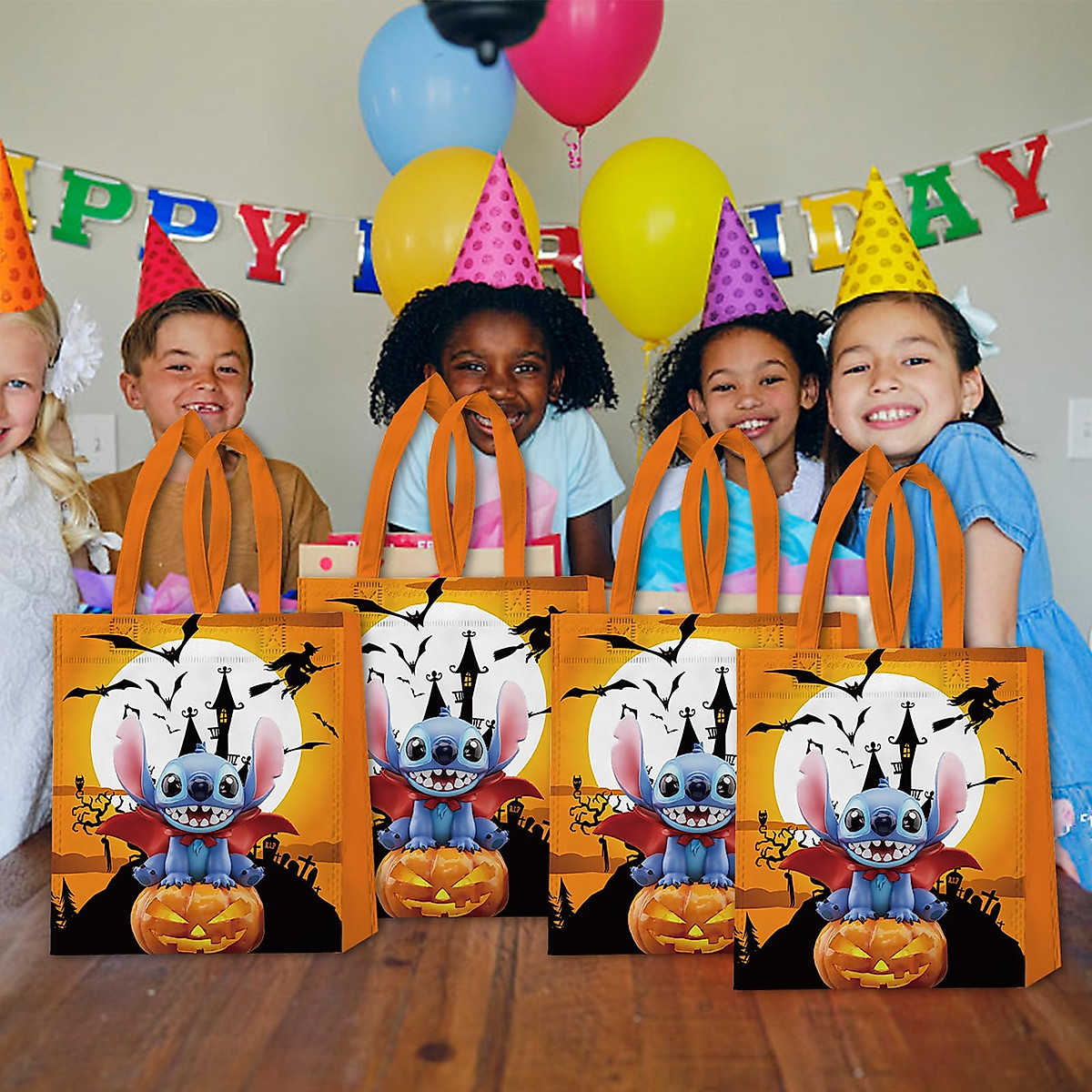 QICI Stitch Halloween Favor Bags 15 Packs, 11.8 x 9.8 x 3.9 Inches Large Size with Handle Stitch Halloween Tote Bags,Reusable Non-Woven Gift Bags for Stitch Halloween Party Decorations