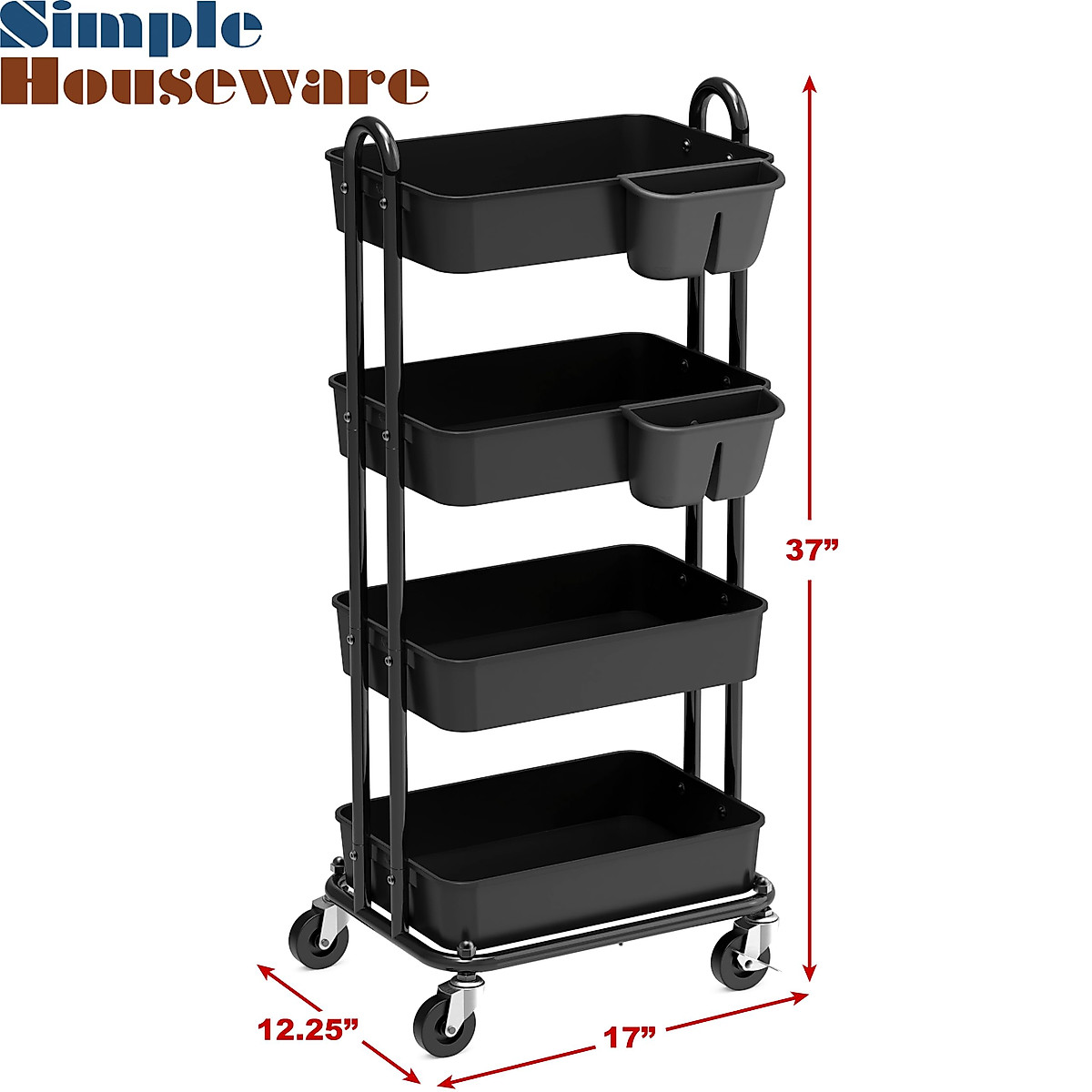 Simple Houseware 4-Tier Multifunctional Rolling Utility Cart with Hanging Buckets, Black