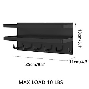 YJSMO 6 Hooks Magnetic Key Holder,Magnetic Key Racks with Tray,Magnetic Key Hooks,Magnetic Shelf for Keys,Letters, Coat Hooks,Used in Kitchen or Office,Made of Steel (Black, Medium)