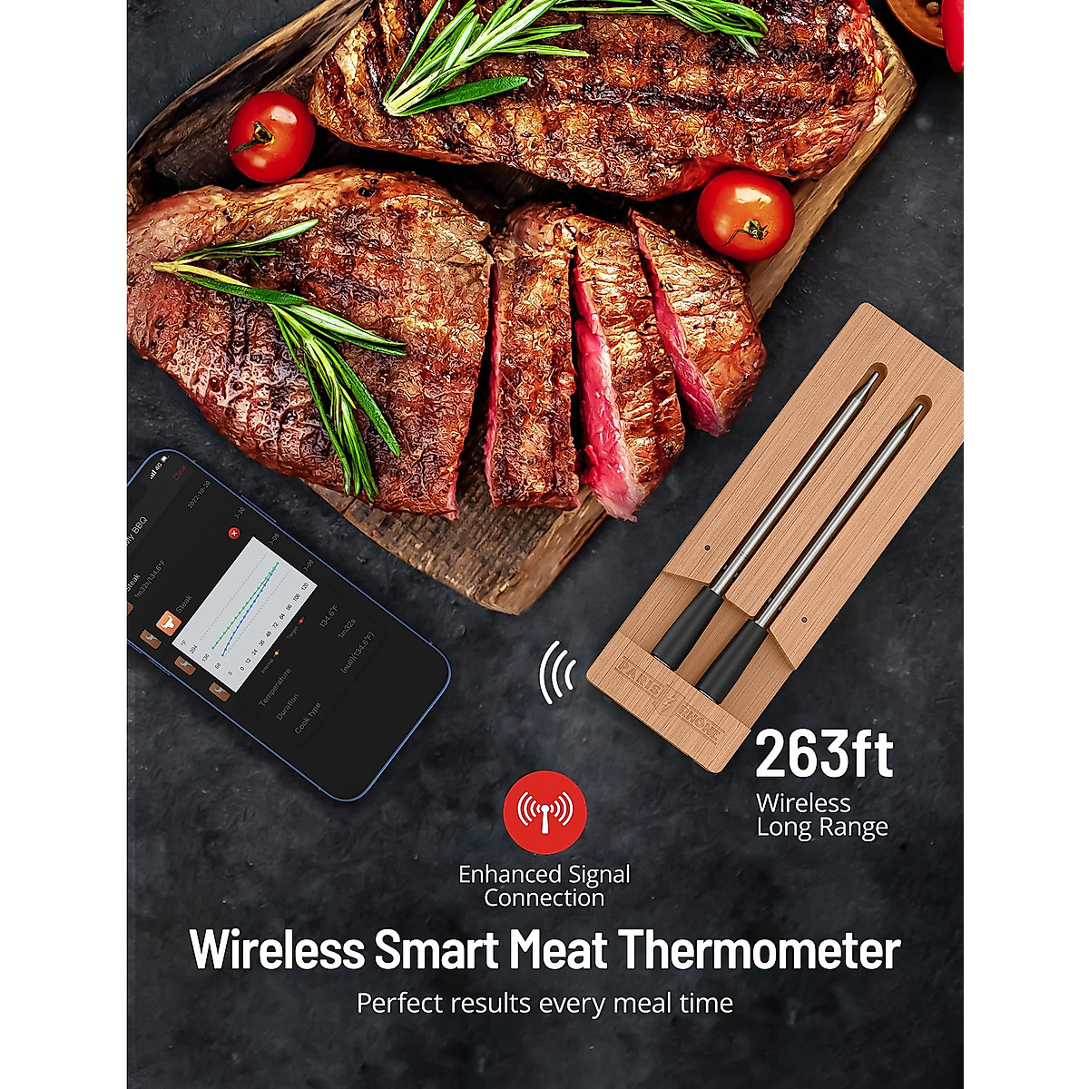 Paris Rhône 263ft Smart Meat Thermometer, Wireless Meat Thermometer, Food Thermometer with Smart Alert, IP67 Waterproof, Dishwasher Safe for The Grill, Kitchen, Garden, Rotisserie (Bamboo/2 Probes)